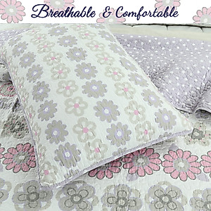 Cozy Line Home Fashions Light Purple Lavender Pink Floral 100% Cotton Reversible Quilt Bedding Set, Bedspread, Coverlet for Girls (Lilac Flower, Twin - 2 Piece)