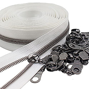 MebuZip #5 Gunmetal Metallic Nylon Coil Zippers by The Yard Bulk Coil Zipper Roll 10 Yards with 25pcs Pulls for DIY Sewing Craft Bags (White)
