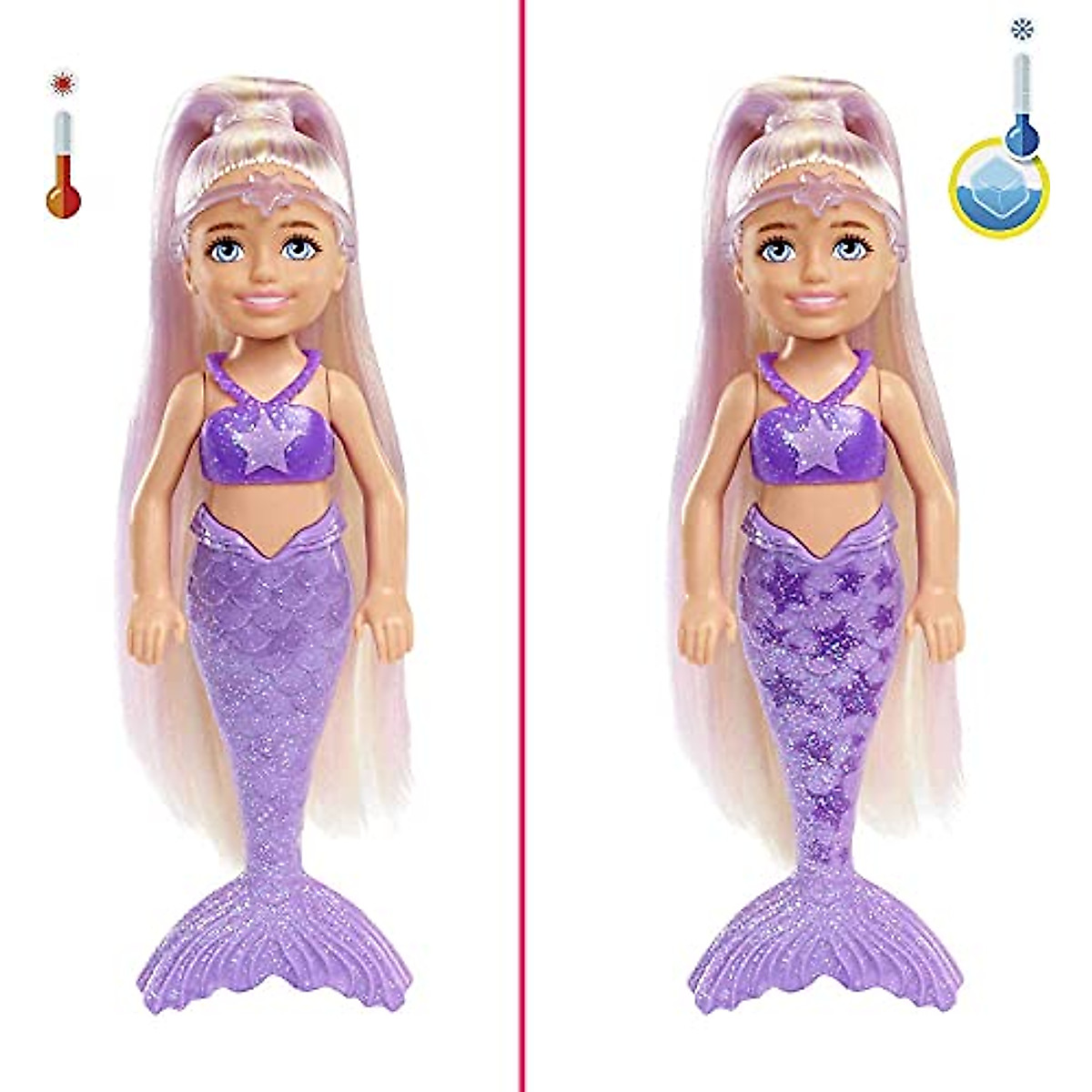 Barbie Color Reveal Rainbow Mermaid Series Chelsea Doll with 6 Surprises, Color Change and Accessories