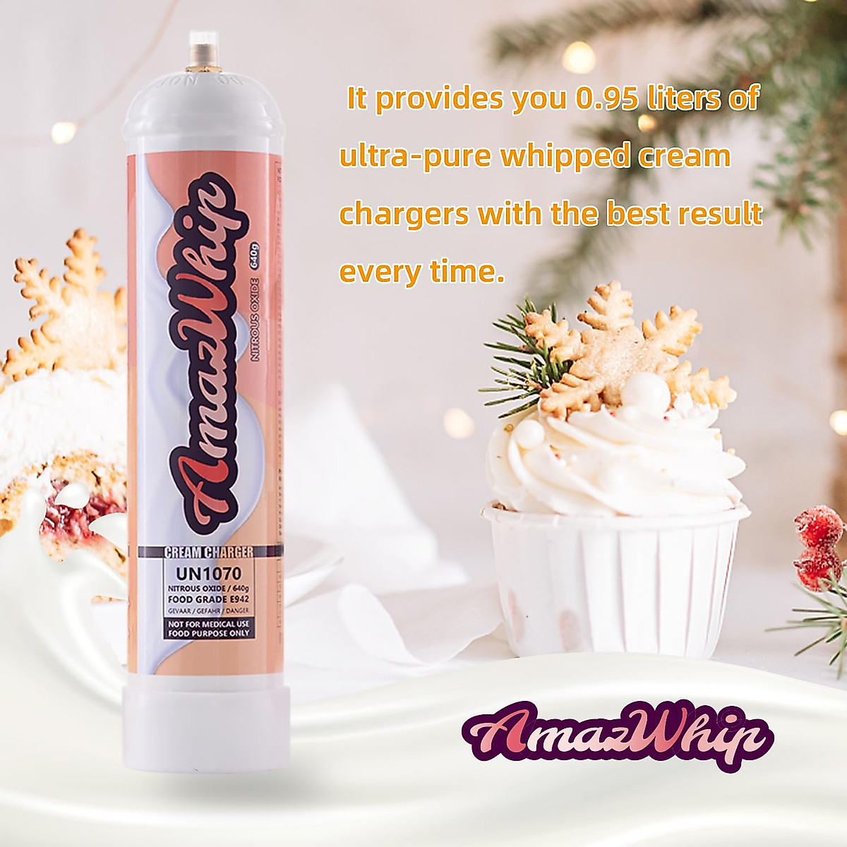 AMAZWHIP Whipped Cream Charger 640g 0.95L nitrous oxide tank (3 cylinders)