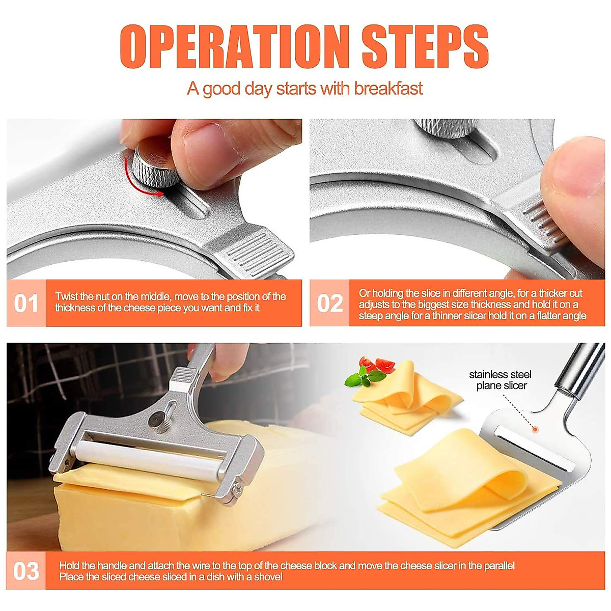 Linwnil 4PCS Cheese Slicer Set Stainless Steel Wire Cheese Slicer Thickness Adjustable Cheese Cutter for Cutting Soft, Semi-Hard, Hard Cheeses