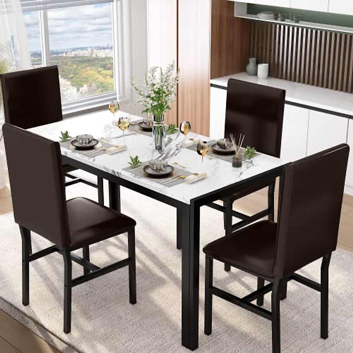 AWQM Dining Table Set for 4, Modern Kitchen Table and Chairs Set, Faux Marble Tabletop and 4 PU Leather Upholstered Chairs Dining Set for Living Room, Kitchen, Dining, Compact Space - White