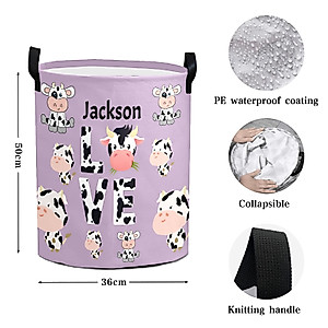 Purple Love Cow Laundry Basket Personalized with Name Laundry Hamper with Handle Organizer Storage Bin Bedroom Decor for Boys Girls Adults