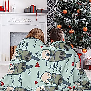 Premium Sea Otters Throw Blankets for Boys Girls,Cute Funny Sea Otter Couple on Blue Blankets for Couch Bed Sofa,Luxury Fuzzy Plush Fluffy Soft Fleece Blankets and Throws for Adults Kids,50"X40"