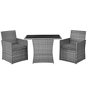 LIRUXUN 3PCS Patio Rattan Furniture Set Cushioned Sofa Armrest Garden Gray Coffee Table Chairs
