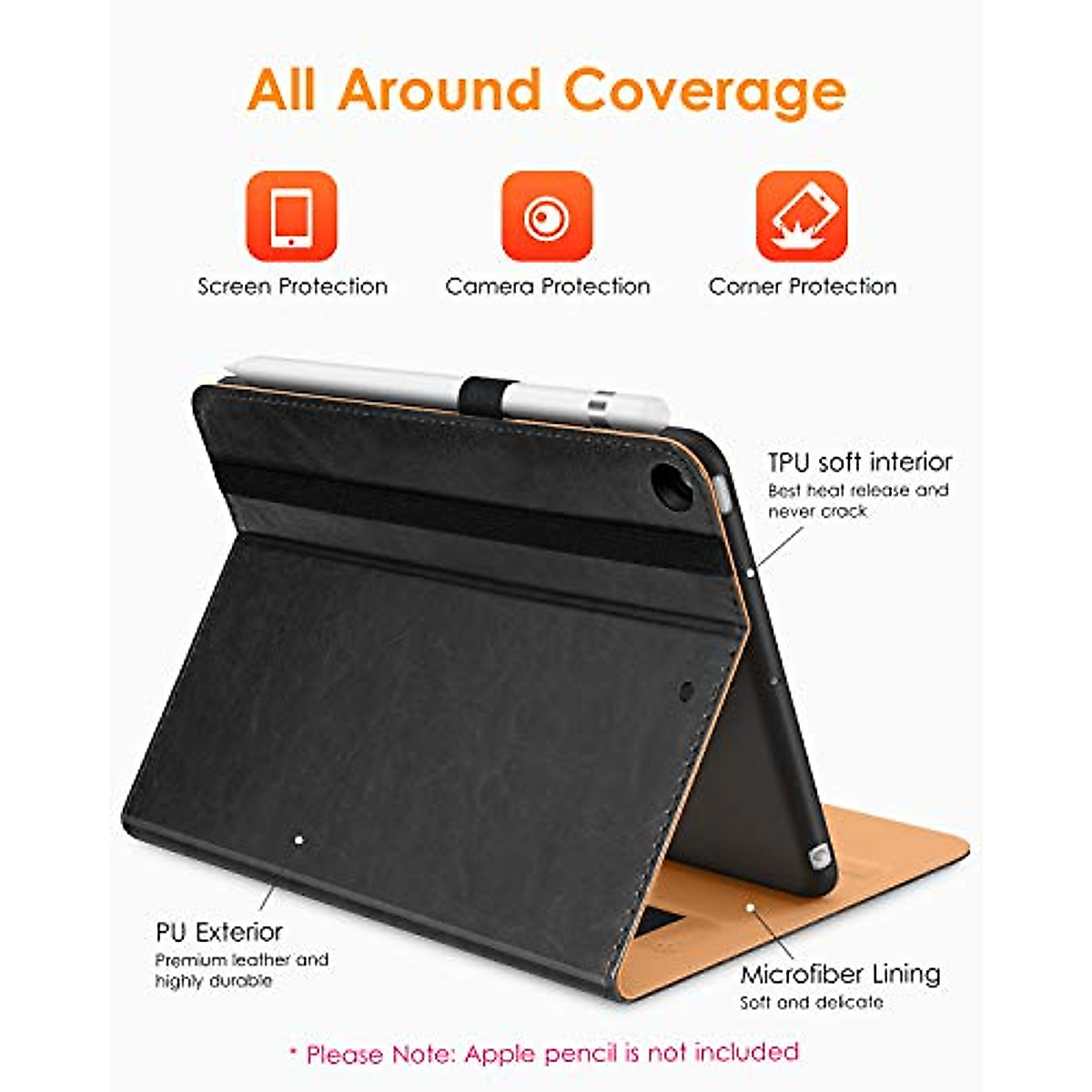 DTTO for iPad Mini 5th Generation 2019 Case, [Noble Series] Leather Folio Cover Case with Apple Pencil Holder for iPad Mini 5 2019 [Auto Sleep/Wake], Black