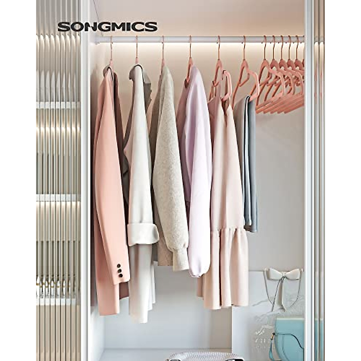 SONGMICS Bundle of 50 Velvet Hangers 17.7 Inches Wide and 50 Velvet Hangers 16.5 Inches Wide, Thin and Durable, Rose Gold Swivel Hook, Light Pink UCRF21PK50 and UCRF026P02