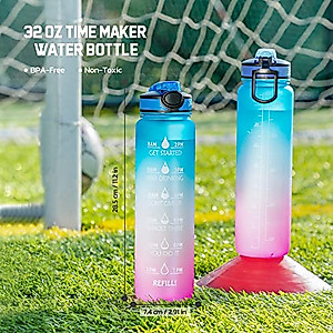 RealCool Water Bottle with Straw, Motivational Water Bottle with Times to Drink for Women Men-32 oz Gym Water Bottle Leakproof BPA Free Sports Water Bottle with 2 Brush, Blue Pink