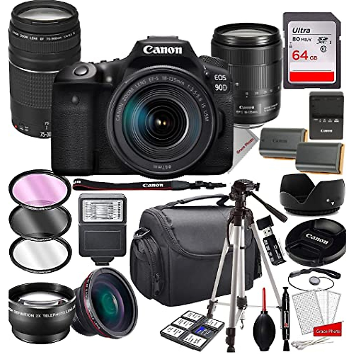 Grace Photo-Canon intl Canon EOS 90D DSLR Camera with 18-135mm is USM Zoom Lens & 75-300mm III Lens Bundle + 64GB Memory, Case, Tripod, Extra Battery and More, Black