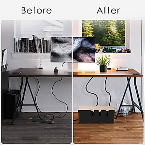 Cable Management Box by Baskiss, Solid Wood Lid, Cord Organizer for Desk TV Computer USB Hub System to Cover and Hide & Power Strips & Cords (Black, Medium)