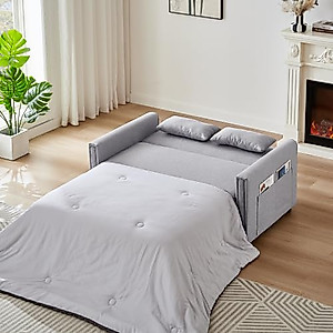 akucvor 54" Sleeper Sofa Bed, Convertible 3 in 1 Loveseats Sofa Bed with Lumbar Pillows, Multi-Function Linen Pull Out Sofa Bed with Adjustable Backrest for Living Room Bedroom, Gray