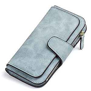 Wallet for Women PU Leather Clutch Purse Bifold Long Designer Ladies Checkbook Multi Credit Card Holder Organizer with Coin Zipper Pocket Light Blue