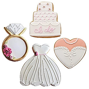 Wedding Cookie Cutters 4-Pc. Set Made in USA by Ann Clark, Wedding Dress, Wedding Cake, Diamond Ring, Heart