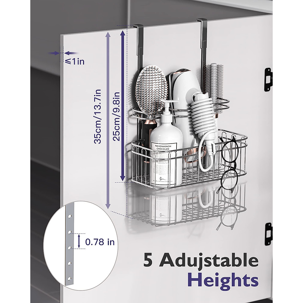 ULG Hair Tool Organizer, Over Cabinet&Wall Mount Hair Care & Styling Tool Organizer,with 5 Adjustable Height and 3 Compartment for Hair Dryer,Flat Irons,Curling Wands for Bathroom, Chrome