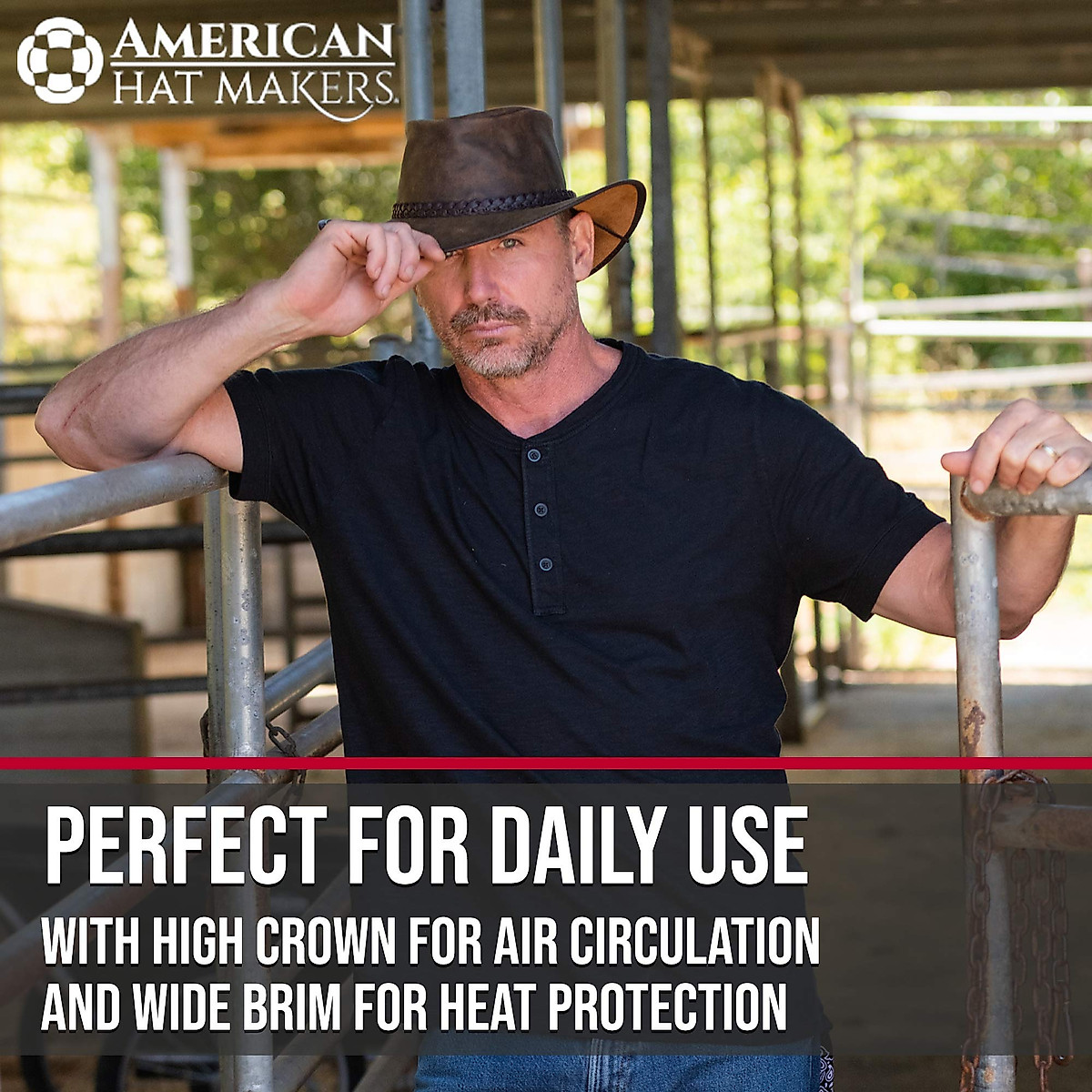 American Hat Makers Crusher Premium Leather Outback Hat– Cowboy Hats for Men & Women – Handcrafted, Packable Wide Brim Hat – Leather Western Gifts – Black Cowboy Hat