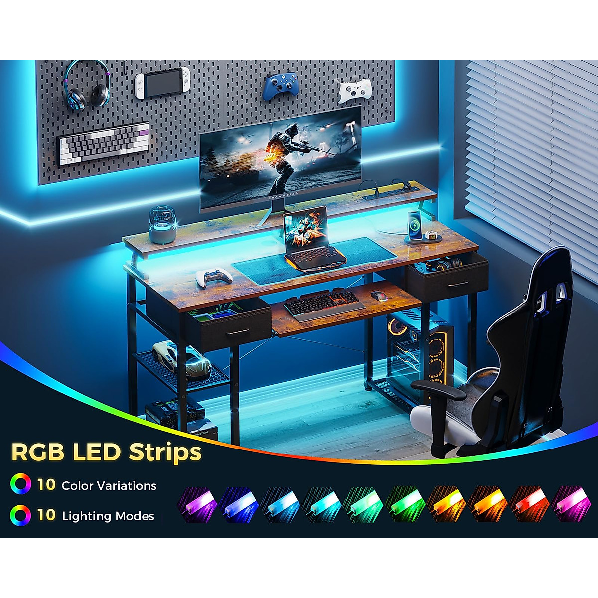 ODK Computer Desk with LED Lights & Power Outlet, 48 Inch Gaming Desk with Keyboard Tray & Drawers & Storage Shelves, Office Table Work Desk with Monitor Stand & PC Stand, Rustic Brown