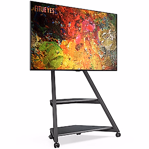 FITUEYES DESIGN Corner TV Stand with Wheels for 43 55 65 70 75 Inch TV, Black TV Cart Floor Stand, Modern TV Stand with Wooden Storage Shelves, Eiffel Series