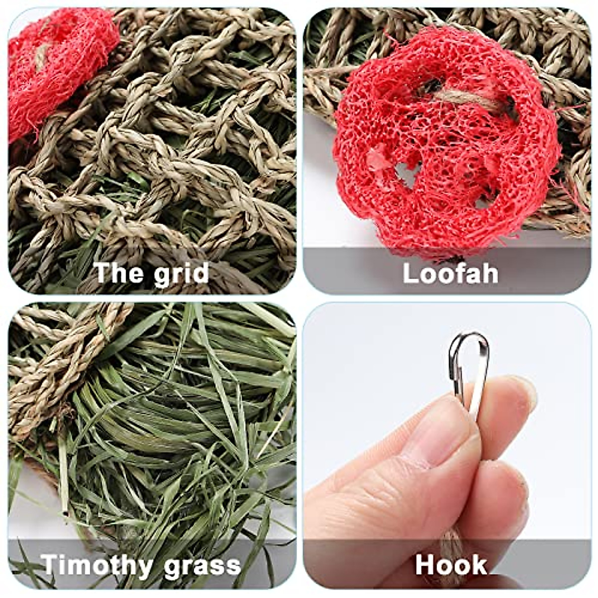 Bunny Chew Toys, Rabbit Toys, Timothy Hay Treats, Natural Sea Grass Mat Hay Feeder Bag, Rabbit Cage Hanging Chew Toys, All Natural Materials for Rabbit, Chinchilla, Guinea Pigs, Hamsters, Gerbils