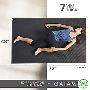 Gaiam Yoga Mat - Large 7mm Thick Yoga Mat for Men & Women | Extra Wide & Long Exercise Mat for Yoga, Pilates, Stretching & Floor Workouts (72" L x 48" W x 7mm) - Black