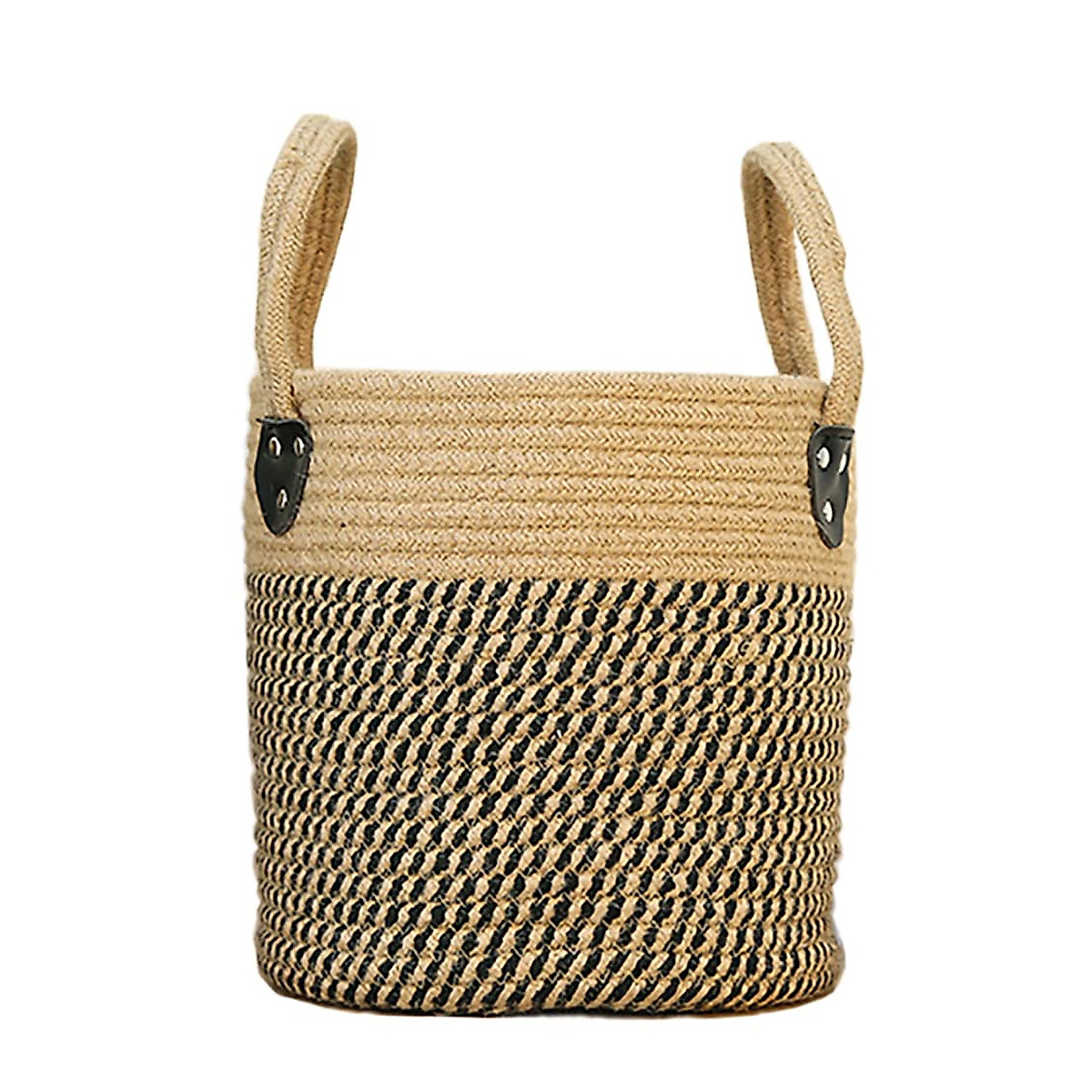DOUBLE POMELO - Shelf Basket Jute Basket Woven Basket for Comforter Cushions Blanket Basket Toy Basket with Handle Laundry Hamper with Handle Brown and Black (11'' x 11'')