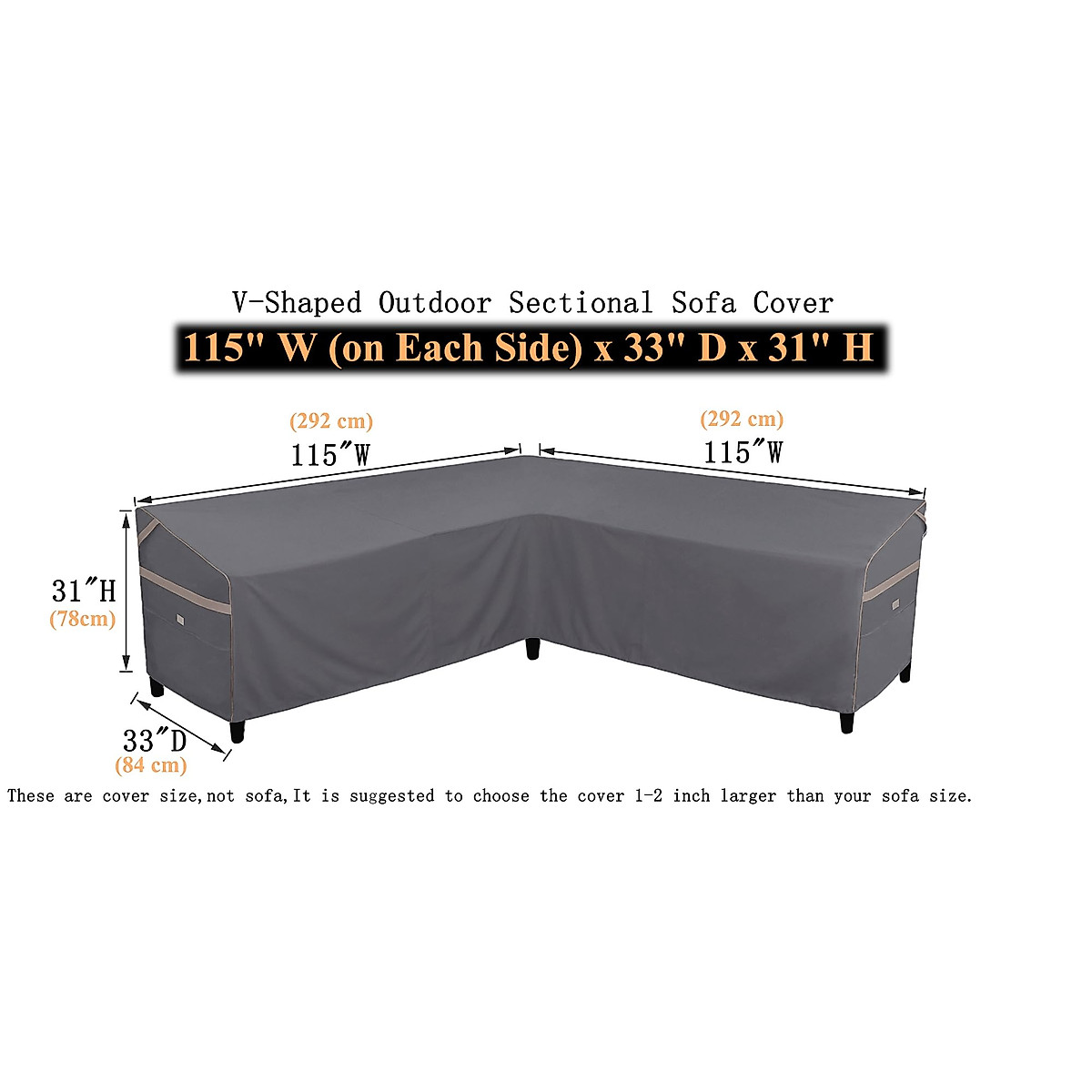 Garden Balsam Heavy Duty Waterproof Patio Furniture Covers,Fade Resistant Outdoor Sofa Covers V-Shaped Sofa Cover 115" W (on Each Side) x 33" D x 31" H Dark Grey