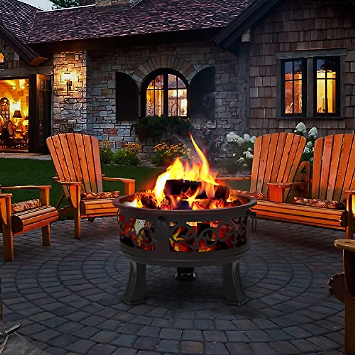 MoNiBloom 26" Fire Pit Floral Pattern Round Bonfire Outdoor Firepit Wood Burning Outdoor Fireplace with Mesh Spark Screen for Outside Backyard Bonfire Patio, Black