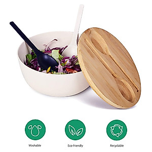 ECOHAGOU 10” Bamboo Fiber Large Salad Serving Bowl Set with Wooden Lid & Servers, 3.5 Qt Big Bowl with Utensils for Mixing Salad,Fruit,Pasta,Lightweight & Dishwasher Safe, Ideal Gift for Home (White)