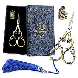 SHWAKK Embroidery Scissors 4.45in Ancient Cyan Gourd flower Scissors with Tassels and Thimble, Embroidery Tools for Sewing, Crafting, Tailoring, Needlework, Handicrafts DIY Tools