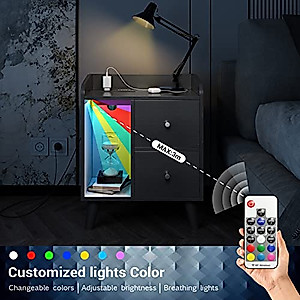 Saudism LED Nightstand with Wireless Charging Station, RGB Lights Night Stands for Bedroom, Smart Charging Bedside Table End Table with Two Drawers and Open Shelves (Black)