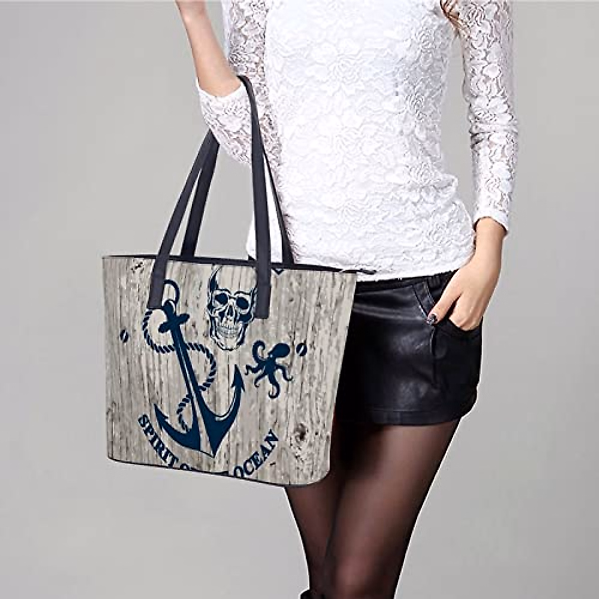 Womens Handbag Skull And Anchor Leather Tote Bag Top Handle Satchel Bags For Lady