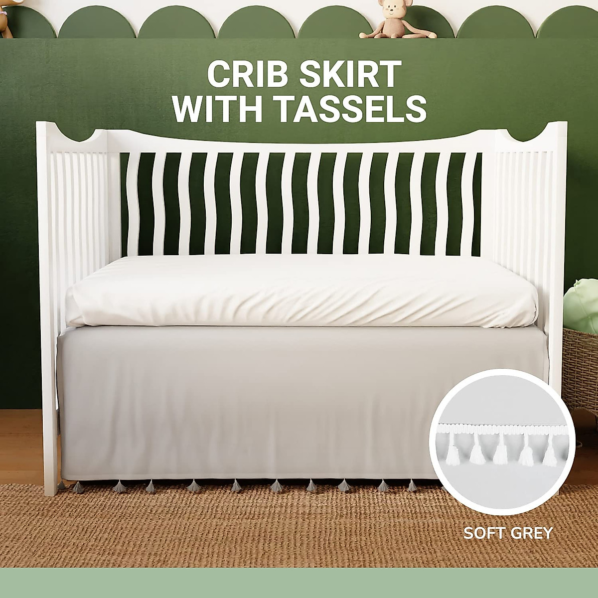 Tadpoles Crib Skirt with Tassel | 28" x 52" with a 14" Drop | Made of 100% Softly Brushed Microfiber Polyester | Easy to Care for | Soft, Smooth, Breathable & Durable | Ideal for Babies | Grey