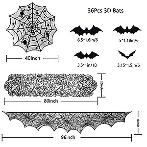 ZeeDix 39 Pcs Halloween Decorations Include Black Lace Spiderweb Round Tablecloth, Fireplace Scarf, Rectangle Table Runner and 36 Bats Wall Stickers for Halloween Home Party Decor
