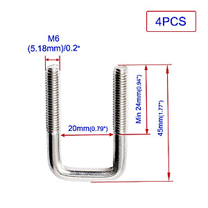 U Bolt, 4 Sets 0.8" (20mm) Inner Width 304 Stainless Steel M6 Square U-Bolt with Plate Screw Nut Fastener, Suitable for 17/18mm Pipe, Boats, and Other Home and Industrial Applications