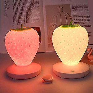 EMVANV Strawberry Night Light, Cute Silicone Strawberry Bedroom LED Touch Control Dimmable Night Light Bedside Color Changing Lamp for Kids Children