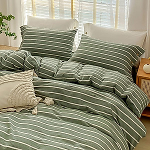 JELLYMONI Bedding Duvet Cover Twin Size - 100% Washed Cotton Linen Like Textured Striped Comforter Cover, 3 Pieces Breathable Soft Bedding Set with Button Closure (Green&White Stripe, Twin 68"x90")