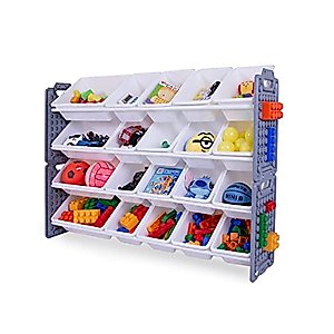 UNiPLAY Toy Organizer with 20 Removable Storage Bins, Multi-Bin Organizer for Books, Building Blocks, School Materials, Toys with Baseplate Board Frame (Gray)