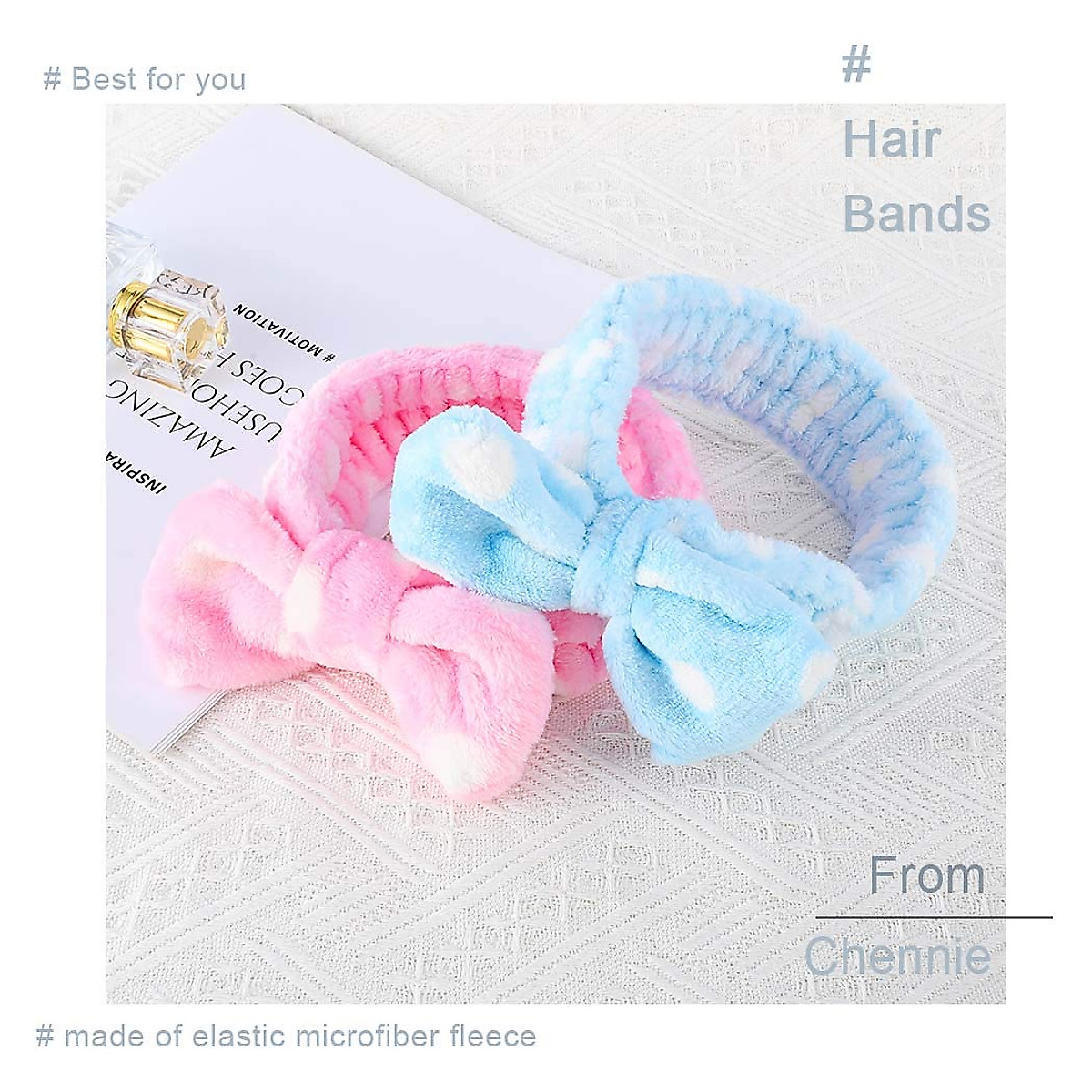 Chennie Bowknot Spa Headbands Dot Elastic Makeup Blue Hair Bands Washing Face Head Wraps For Women And Girls (Pack Of 2) (Blue&Pink)