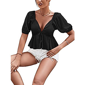LYANER Women's Satin Deep V Neck Puff Short Sleeve Tie Front Ruffle Hem Blouse Crop Peplum Top Black Medium