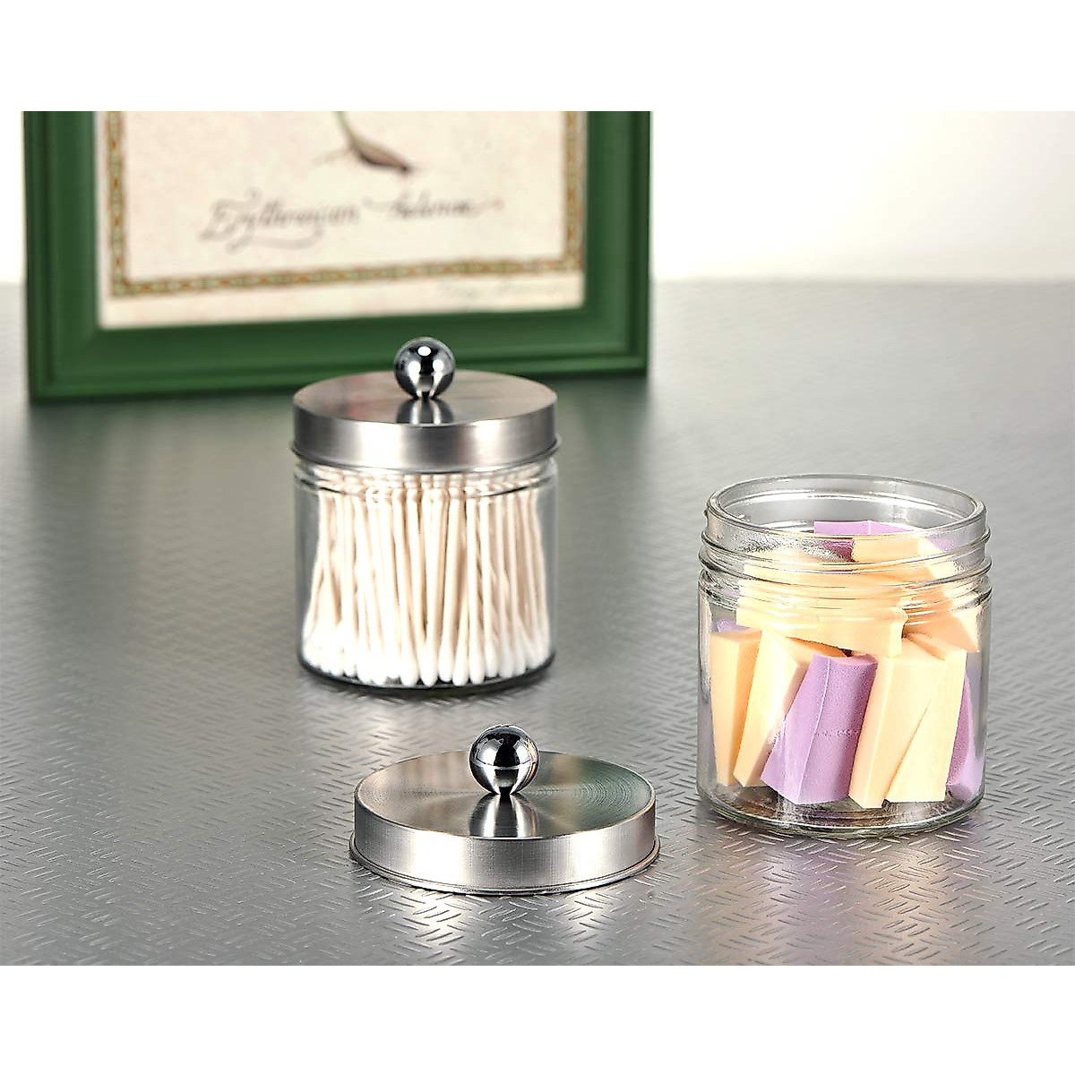 Bathroom Vanity Glass Storage Organizer Holder Canister Apothecary Jars for Cotton Swabs, Rounds, Balls, Qtips,Makeup Sponges, Flossers,Bath Salts - 2 Pack, Clear (Brushed Nickel)