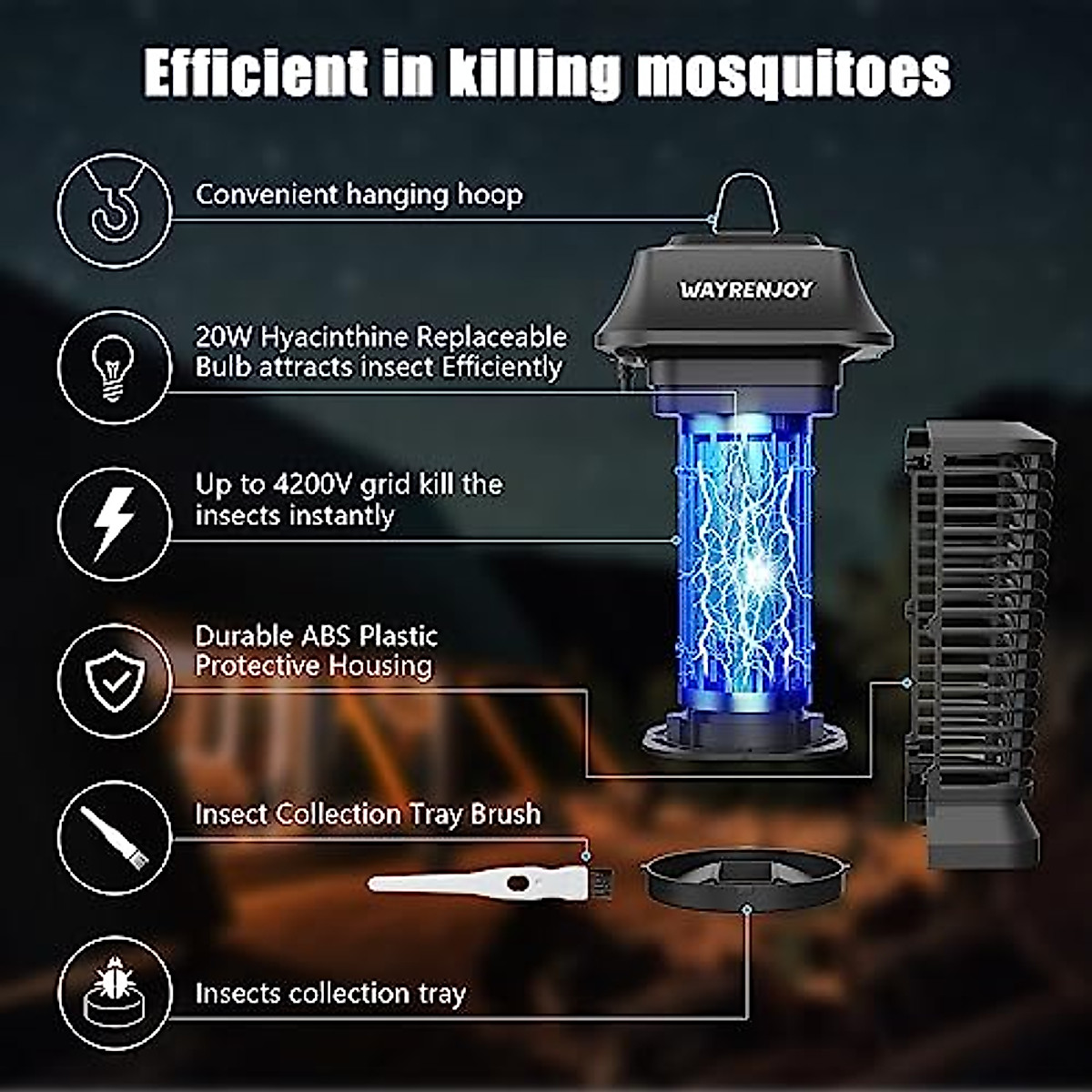 Wayrenjoy Bug Zapper Outdoor, Electric Mosquito Zapper, 20W Bulb IPX4 Waterproof Indoor Mosquito Killer Lamp 4200v Grid Fly Zapper for Home Kitchen Bug Light Moth Zapper Outdoor Backyard Garden Camp