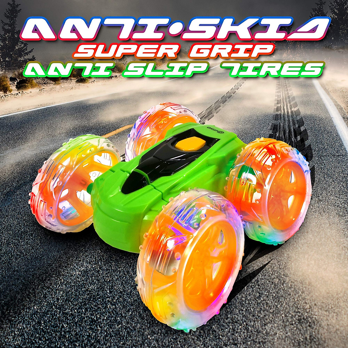 Contixo RC Stunt Car 4WD 2.4Ghz - Double Sided 360° Rotating Remote Control Toy with Lights, for Boys & Girls Age 4-12 Green