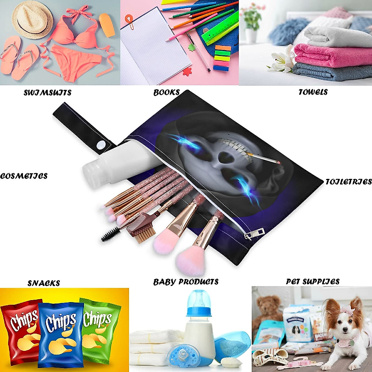 visesunny Sugar Skull Blue Smoke Syulish 2Pcs Wet Bag with Zippered Pockets Washable Reusable Roomy Diaper Bag for Travel,Beach,Daycare,Stroller,Diapers,Dirty Gym Clothes,Wet Swimsuits,Toiletries