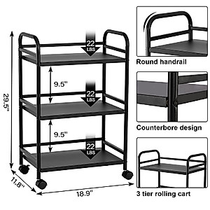 HDANI 3 Tier Rolling Cart Shelves,Heavy Duty Multifunctional Metal Frame-Supports 40 Lbs Per Tier,Rolling Cart with 2 Lockable Wheels for Home,Office,Kitchen,Bathroom,Bedroom (Black)