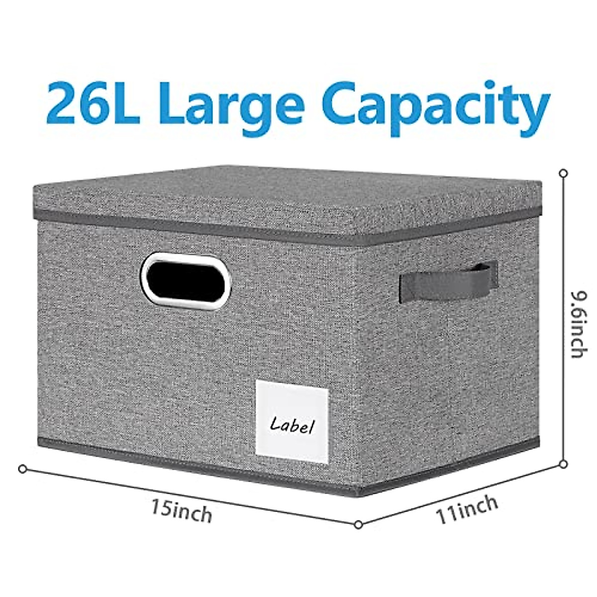 LHZK Large Storage Bins with Lids, Linen Fabric Storage Boxes with Lids for Organizing 15x11x9.6, Storage Baskets with Label & 3 Handles, Closet Storage Bins for Nursery Home Office (Grey, 3-Pack)