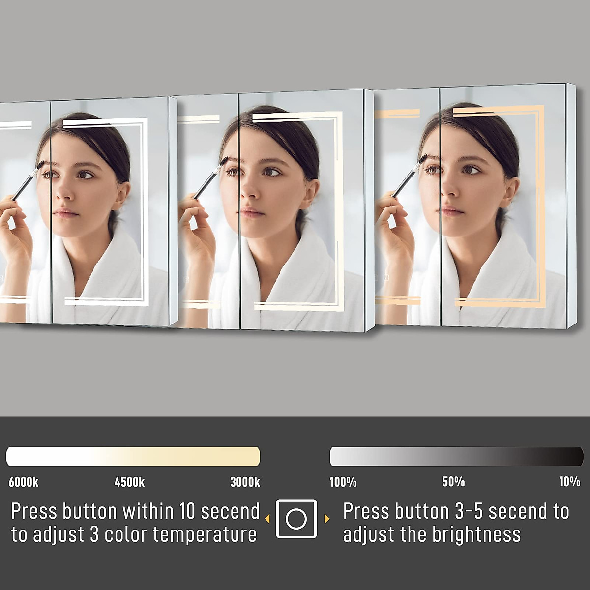 Karl home 48x28 Inch 3-Doors Bathroom Medicine Cabinet with LED Mirror, 3-Color Wall Mounted Dimmable Bathroom Cabinet with 3-Tier Storage Shelves, Anti-Fog, USB Charge, White