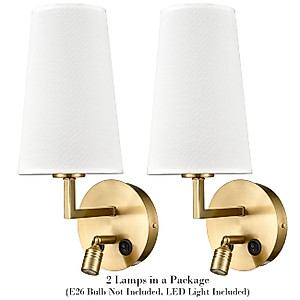SAMTEEN Gold Wall Sconces Set of Two Modern Brass Wall Lamp with Fabric Shade, USB Sconces Wall Lighting with Switch Wall Light for Bedroom Hallway Living Room