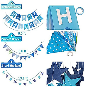 Light Blue Birthday Decorations, Blue Birthday Party Decorations with Tissue Pom Pom flowers, Happy Birthday Banner, Confetti Balloons, Foil Fringe Curtain, Happy Birthday Party Supplies for Men Women Boys Girls - Light Blue and White