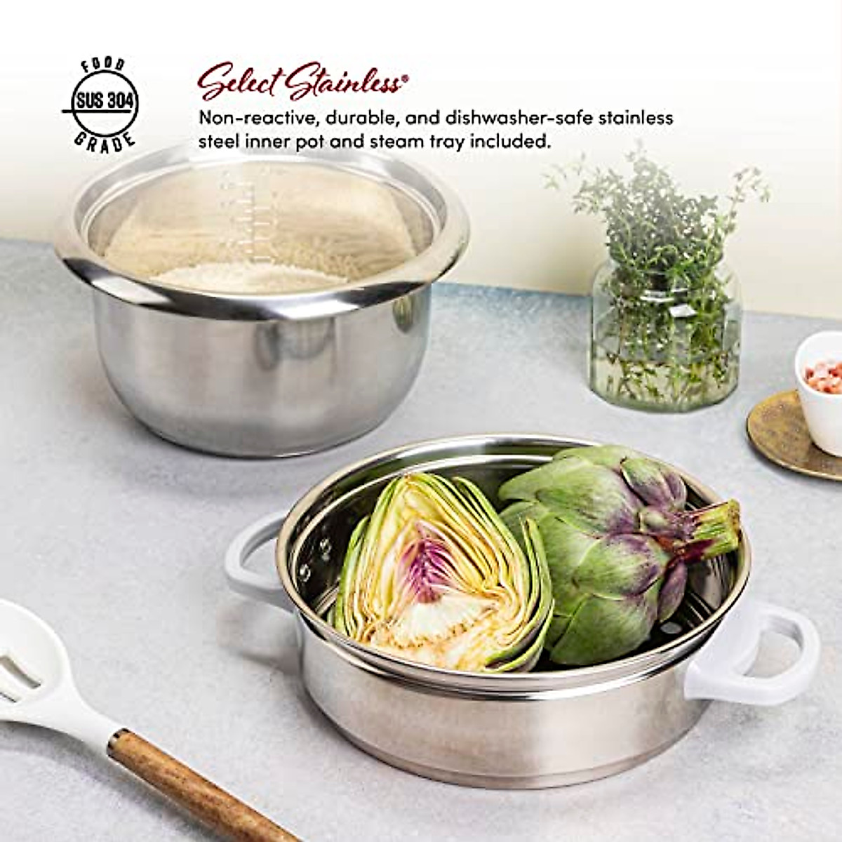 Aroma Housewares 14-Cup (Cooked) / 3Qt. Select Stainless Pot-Style Rice Cooker, & Food Steamer, One-Touch Operation, Automatic Keep Warm Mode, White (ARC-757-1SG)