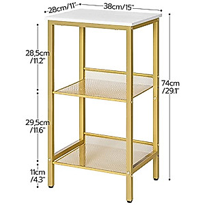 HOOBRO Side Table, 3-Tier End Telephone Table with Adjustable Mesh Shelves, for Office Hallway or Living Room, Modern Look Accent Furniture, Tall and Narrow, White and Gold DW01DH01G1