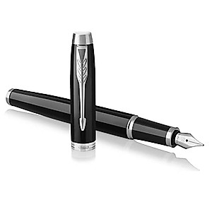 PARKER IM Fountain Pen, Black Lacquer Chrome Trim, Medium Nib with Blue Ink Refill, Gift Box (1931651)